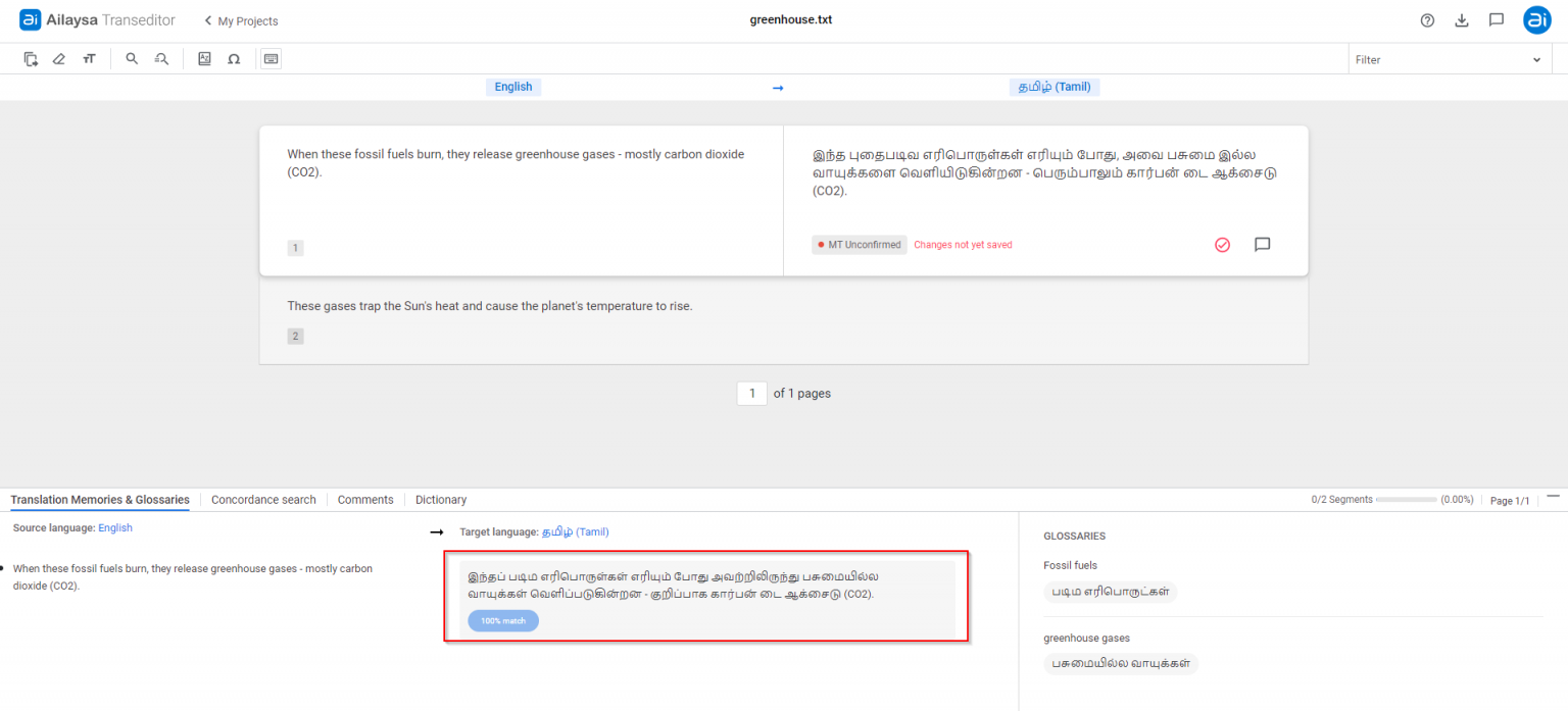 Using a Translation memory in Ailaysa Transeditor – Ailaysa – Help center